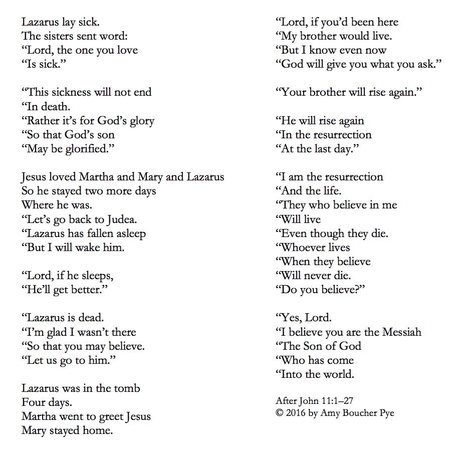 Lenten Poems – “Lazarus Lay Sick” (25) – Amy Boucher Pye