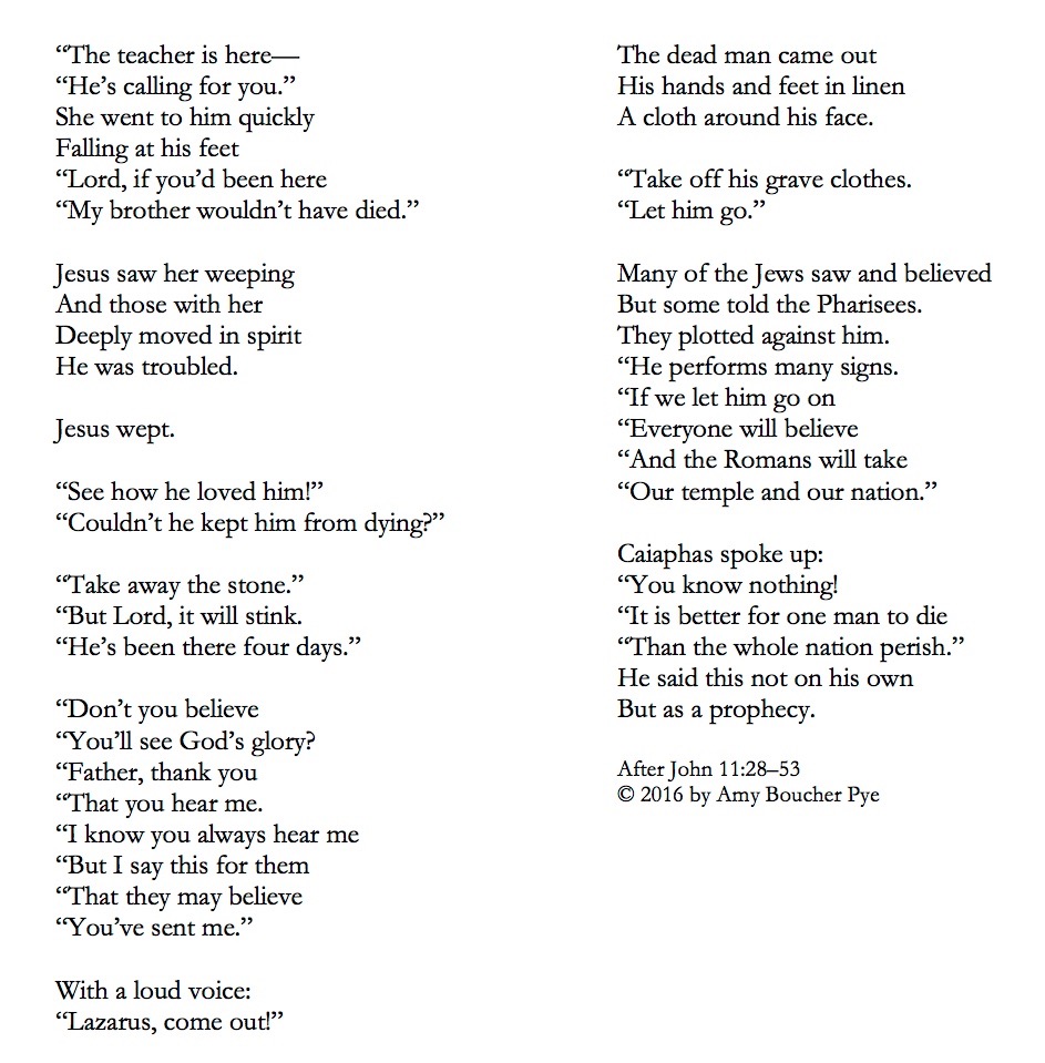Lenten Poems – “Lazarus, Come Out!” (26) – Amy Boucher Pye